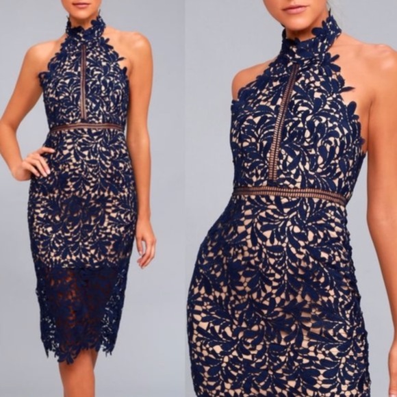 Lulus | Dresses | New Lulus Divine Destiny Navy Blue Lace Midi Dress ...